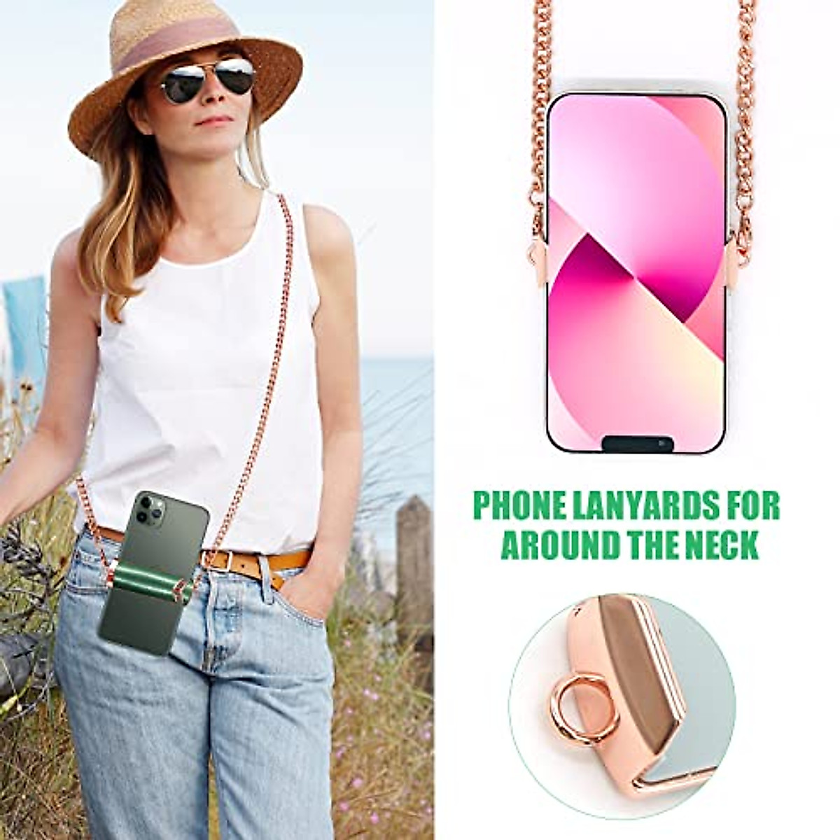 Universal Cell Phone Lanyard Holder, 120cm Crossbody Necklace Lanyard & 30cm Rose Gold Phone Lanyard+ Emerald Green Phone Holder Wrist Strap Compatible with iPhone 14 13 12 and Most Smartphones