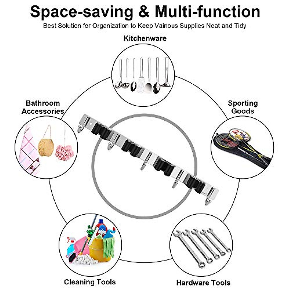 Favbal Garage Storage Stainless Steel Mop Broom Holder Wall Mount Heavy Duty Tools Hanger with 4 Racks 5 Hooks for Kitchen Bathroom Closet Garage Office Garden