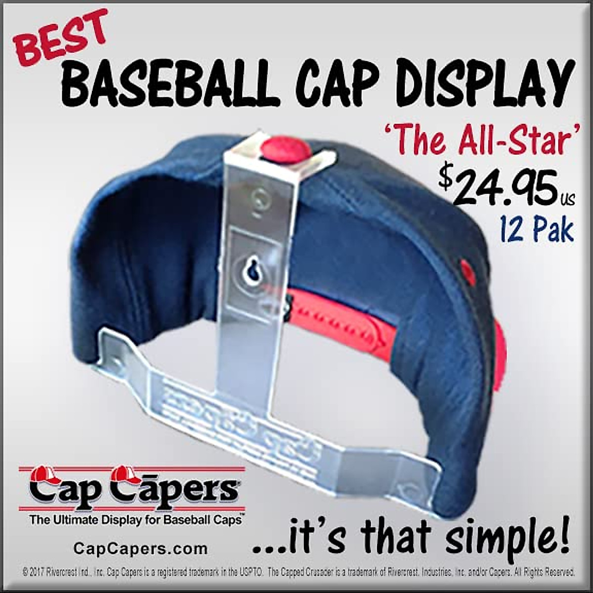 Cap Capers® Baseball Cap Display; Wall Mounted Hat Rack; Baseball Cap Storage & Organization; (12 pk) Great for Cap Collectors. The Ultimate Display for Baseball Caps