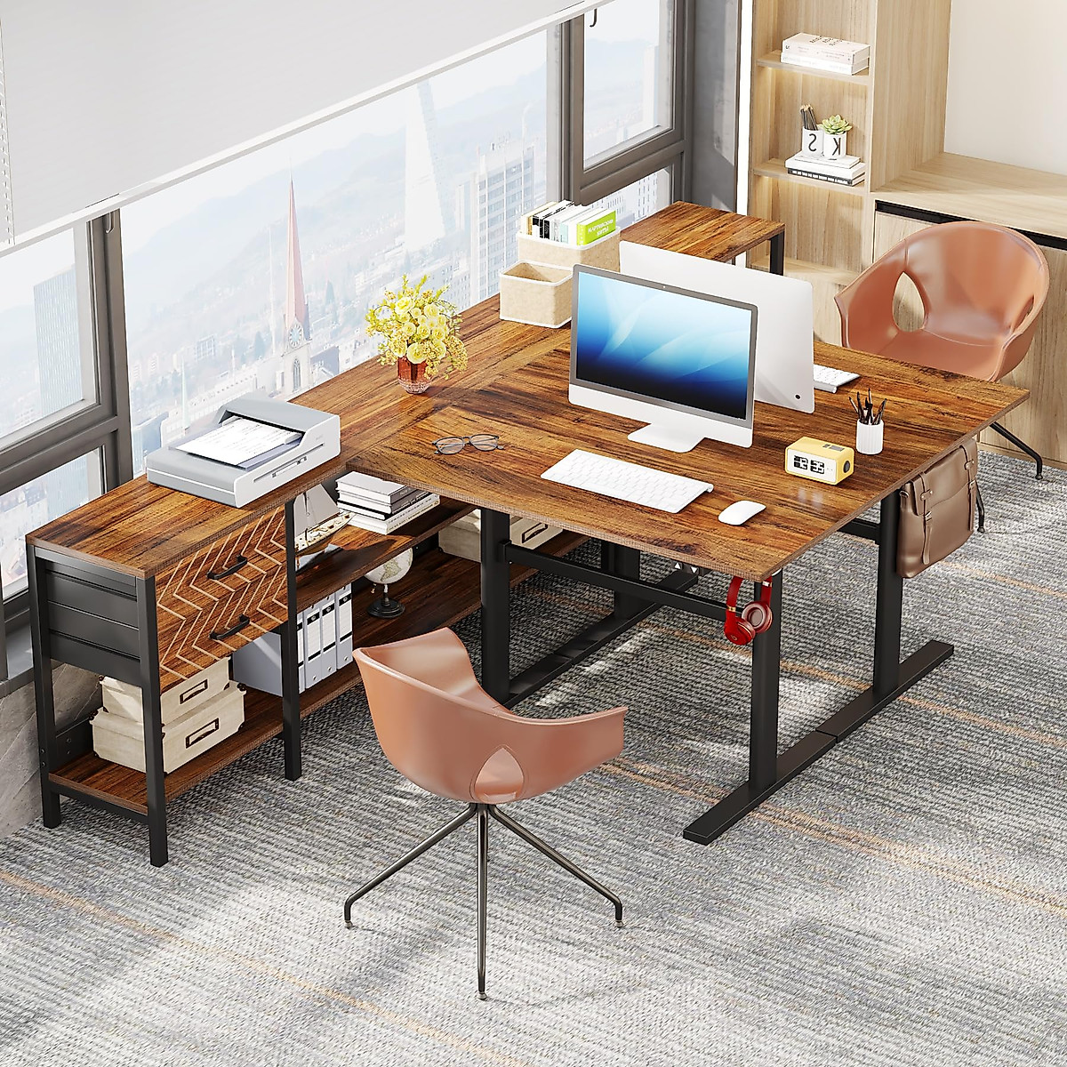 Tribesigns L Shaped Standing Desk with Storage Drawers, Height Adjustable Electric Standing Desk with Shelves & Hooks, Ergonomic Sit Stand Up Computer Desk Workstation for Home Office,Brown