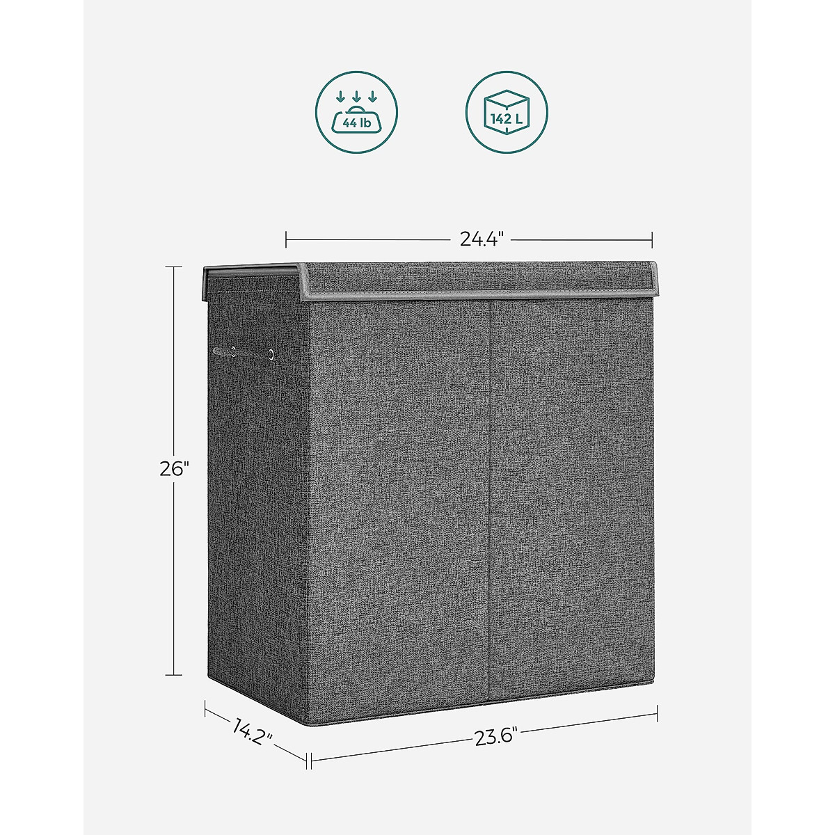 SONGMICS 37.5 Gal. Foldable Laundry Basket with 2 Compartments, Magnetic Lid and Handles, Removable Liner Bag, Dark Gray