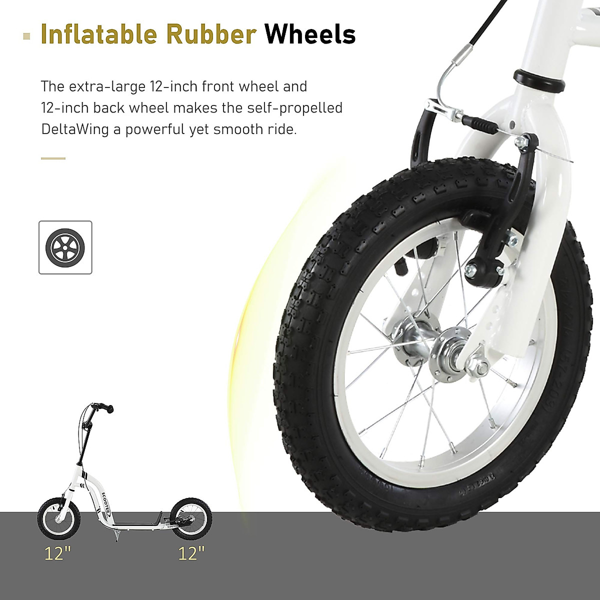Aosom Youth Scooter Front and Rear Caliper Dual Brakes 12-Inch Inflatable Front Wheel Ride On Toy for Age 5+, White