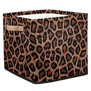 Leopard Print Cube Storage Bins 13 x 13 x 13 inch, Animal Print Fabric Organizer Bins Basket Boxes with PU Leather Handles Foldable Storage Cube for Clothes Bedroom Closet Shelves