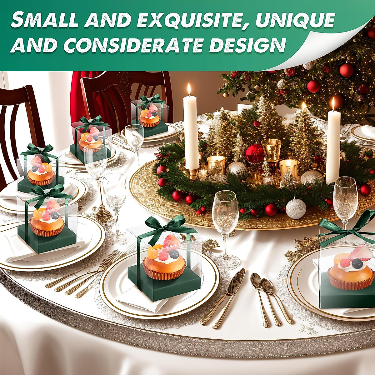 Thenshop 50 Pcs Clear Cupcake Boxes Individual 3.5 Inch Plastic Single Cupcake Containers Boxes with Inserts and Ribbon Individual Cake Storage Holders for Cake Kitchen(Green)