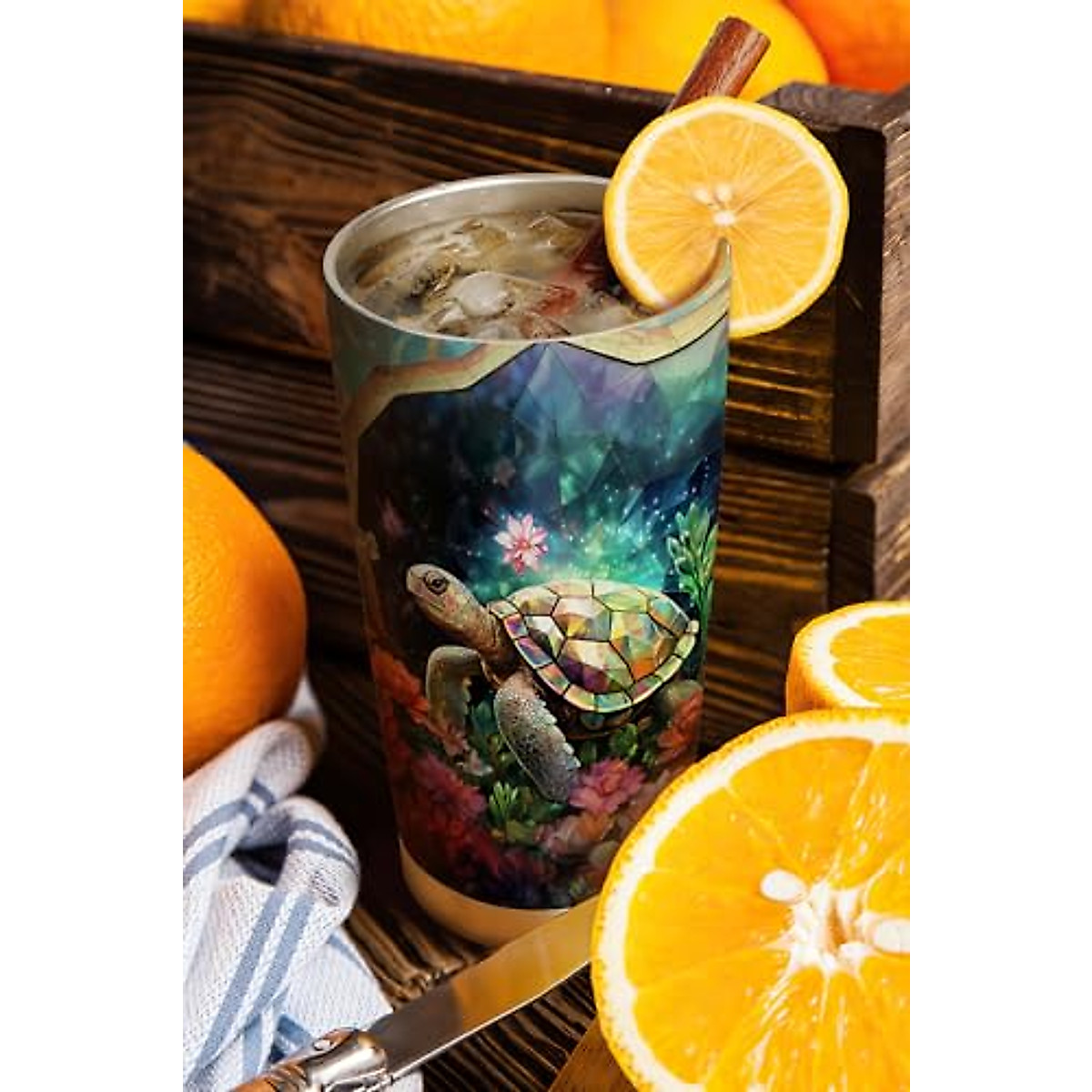 20oz Stained Glass Flower Sea Turtle Tumbler, Gifts for Turtle Lovers, Ocean, Beach Gifts, Coffee Thermos for Women, Stainless Steel Double Wall Vacuum Insulated Coffee Mug, Travel Cup with Lid