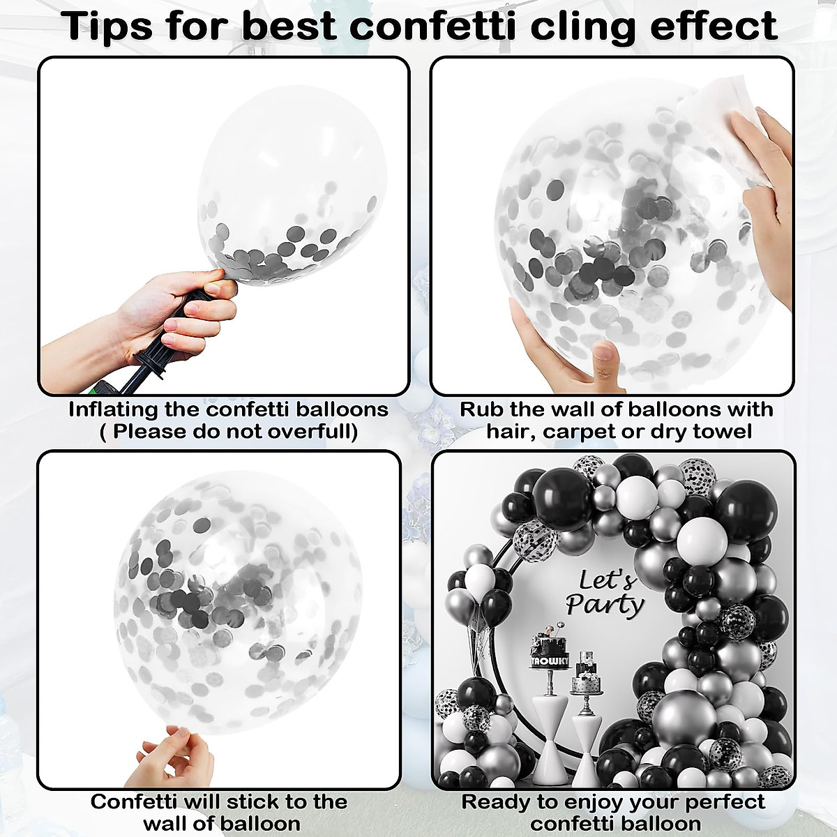 YAOWKY Black and Silver Balloons Garland Arch Kit,124pcs 18 12 10 5 Inch Black White and Silver Confetti Latex Balloons for Happy New Years Eve Party, Graduation, Wedding, Birthday Party Decorations