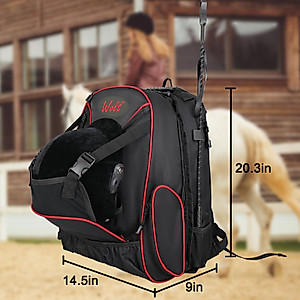 WOLT Professional Equestrian Backpack with Helmet Holder for Horse Riding, One Bag wih Multiple Compartments Carry All Accessories (NOT included), One Size Black+Red