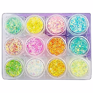Glitter Nail 12 Colors Gel Eye Makeup Mixed Fluorescent Glitter Powder Holographic Nail Sequins Shapes Mixed Iridescent Nail Glitter DIY Design Manicure Decorations Sets for Nail Art/Craft/Makeup