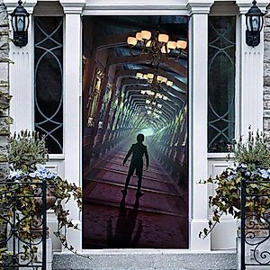Haunted Ghost House Mansion Door Banner, Ghost Mansion Decorations for Halloween Birthday Party Horror Movie Haunted Ghosts Door Cover Backdrop for Halloween Birthday Party Supplies