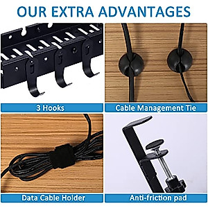 Under Desk Cable Management Tray Kit, Retractable Wire Organizer for Desk, No Drill Cable Tray Basket with 3 Separable Hooks for Bags, Cord Management Rack for Home Office
