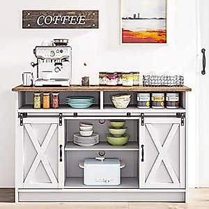 HOMBCK Coffee Bar Cabinet, Farmhouse Buffet Cabinet with Barn Door, White Coffee Bar Sideboard with Storage for Living Room, Dining Room, Hallway, Console Table, Accent Cabinet, White