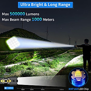 Gehavin Rechargeable High Power LED Flashlight 500000 High Lumens, Super Bright XHP160 Flashlights with 6 Modes, Waterproof, Zoomable, Fast Charging,Camping Flashlight for Campers