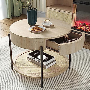 Yechen Round Coffee Table with Natural Rattan Woven Shelf and One Drawer, Boho Coffee Table, Rattan Coffee Table, Coffee Tables for Living Room, Metal Legs, Nature