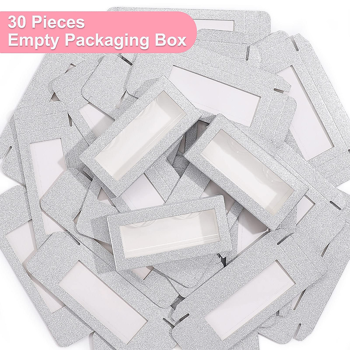 Noverlife 60PCS Empty Eyelash Packaging Box and Tray, 30 False Eyelash Storage Case 30 Transparent Tray, Lash Packaging Storage Container Lash Case Holder Tray Fake Lashes Holder Set - Glitter Silver
