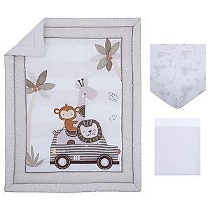 NoJo Little Love Jungle Ride Grey, White and Tan, Monkey, Giraffe and Lion 3 Piece Nursery Crib Bedding Set - Comforter, Fitted Crib Sheet, and Crib Skirt