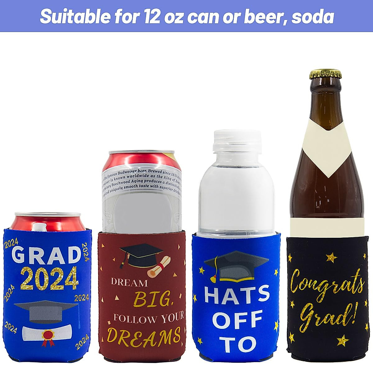 12 Graduation Can Cooler Sleeves Funny Neoprene Beer Can Covers for Class of 2024 Can Beverage Grad Party Supplies