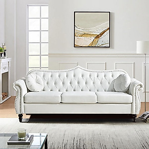 3 Seater Chesterfield Sofa Velvet for Living Room, Modern Tufted Velvet Couch 3 Seater with Scroll Arms and Nailhead, Chesterfield Velvet Sofa, Roll Arm Classic Chesterfield Settee Couches (White)