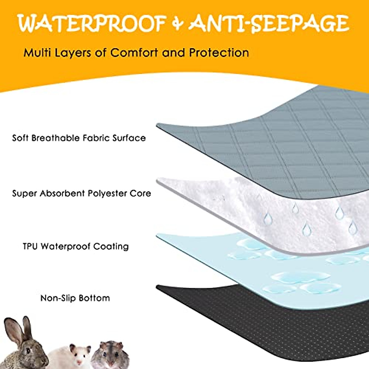 Mooydee 4 Pack Guinea Pig Cage Liners Washable Guinea Pig Bedding Super Absorbent | Waterproof | Non Slip| Reusable Guinea Pig Pee Pads for Small Animals Cages Rabbit Hamster Rat - 48" x 24"