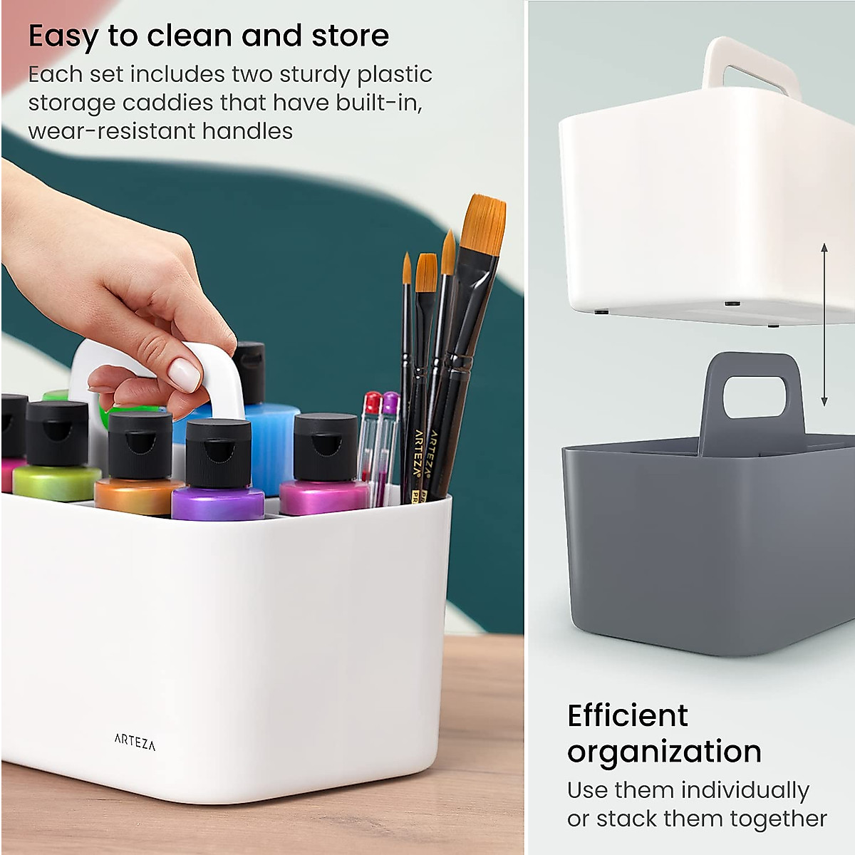 ARTEZA Storage Caddy Pack of 2, Gray and Ivory, 5-Compartment Plastic Caddy Organizer with Easy-to-Remove Divider Partition