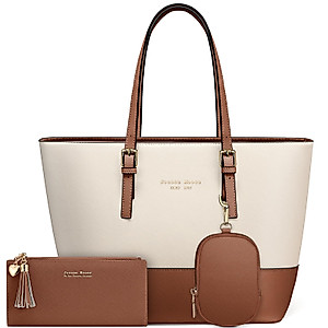 Jocose Moose Handbags for Women Wallet Tote Bag Shoulder Bag Top Handle Satchel Purse Set 3pcs (Beige + Brown)