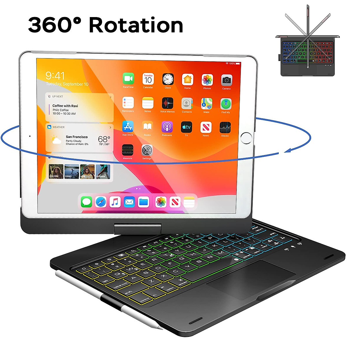 NOKBABO iPad 9th Generation Case with Keyboard 360° Rotatable Touchpad and 7 Color Backlight & Pencil Holder for iPad 9th/8th/7th Gen 10.2 inch & iPad Air 3rd Gen/iPad Pro 10.5 inch - Black