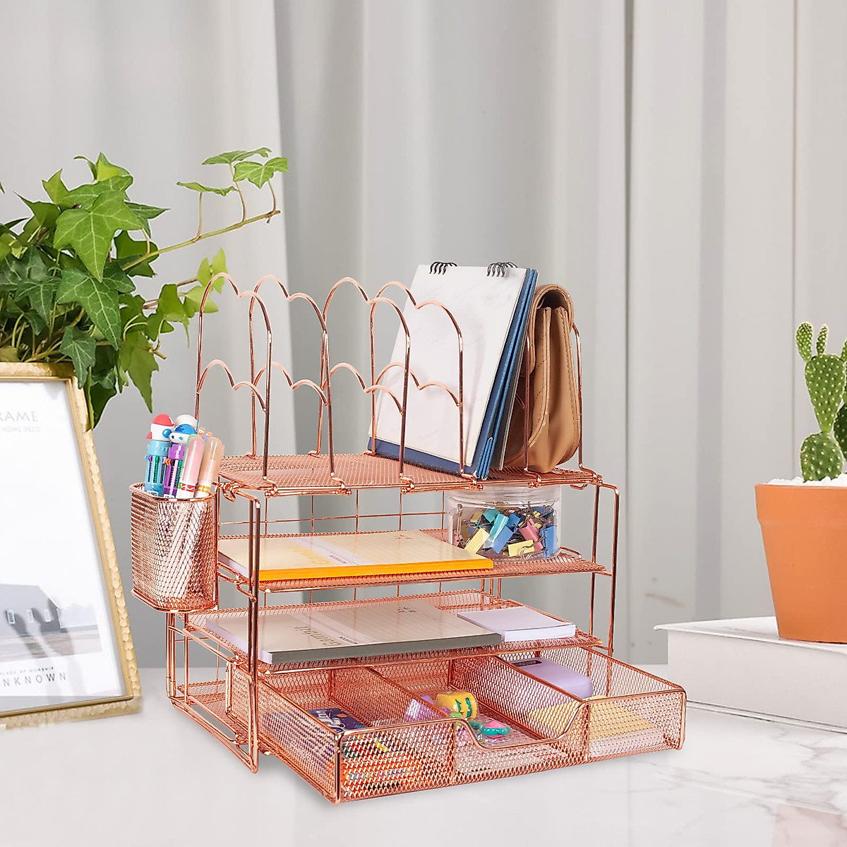 Barelove Rose Gold Desk Organizer with Pen Holder, 4-Trays Mesh Paper Letter File Sorter with 5 Upright Document Rack & Drawer, Desktop Metal Storage Magazine Folder for Home Office School Supplies
