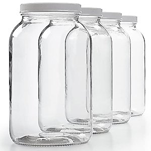 Wide Mouth 1 Gallon Glass Jar with Lid - Glass Gallon Jar for Kombucha & Sun Tea Gallon Mason Jars are Large Glass Jars with Lids 1 Gallon for Food Storage - 4pk Large Jars with Airtight Plastic Lids