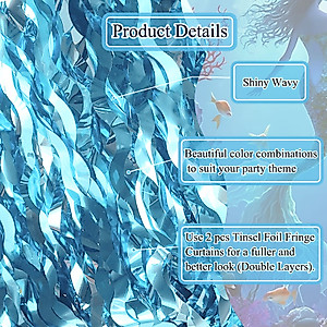 BUDICOOL 2 Pack Teal Blue Shiny Wavy Tinsel Foil Fringe Table Skirts Table Decorations for Mermaid Birthday Decorations,Under The Sea Party Decorations,Baby Shark Birthday Decorations