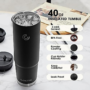 COKTIK 40 oz Insulated Tumbler with Straw, 3 Lids (Straw/Flip), Vacuum Insulated Travel Mug Stainless Steel Tumbler(1Pack,Black)