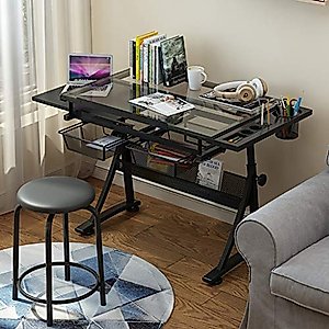 EESHHA Drawing Table Drafting Table with Storage, Height Adjustable Tiltable Art Desk, Glass Panel Drawing Desk, for Work Study Painting Craft Table