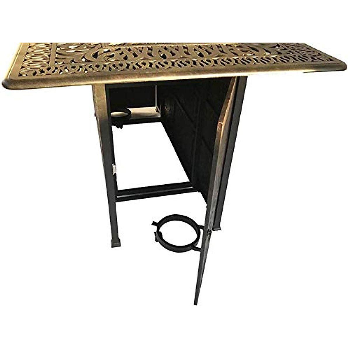 Sunvuepatio 7 Piece Outdoor Cast Aluminum Dining Set with Fire Pit Table All Swivel Rocker Chairs.