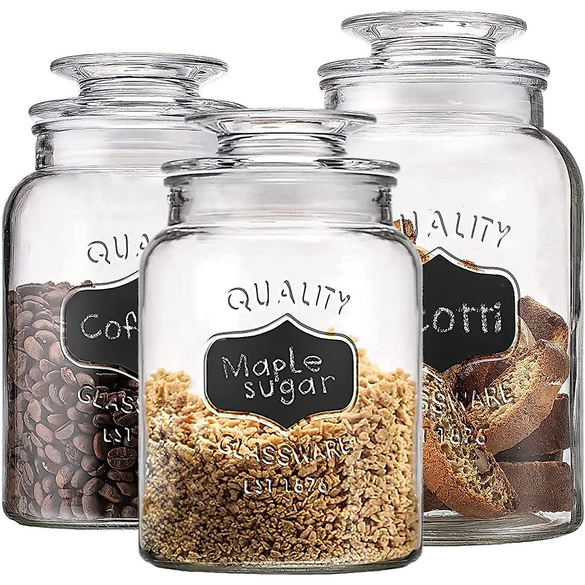 Glass Canister Set for Kitchen or Bathroom with Airtight Lid and Chalkboard Labels, Apothecary Glass Food Storage Jars - Set of 3 Cookie Jars, Candy, Coffee, Flour, Sugar, Rice, Pasta, Cereal & More, Clear Storage Containers!