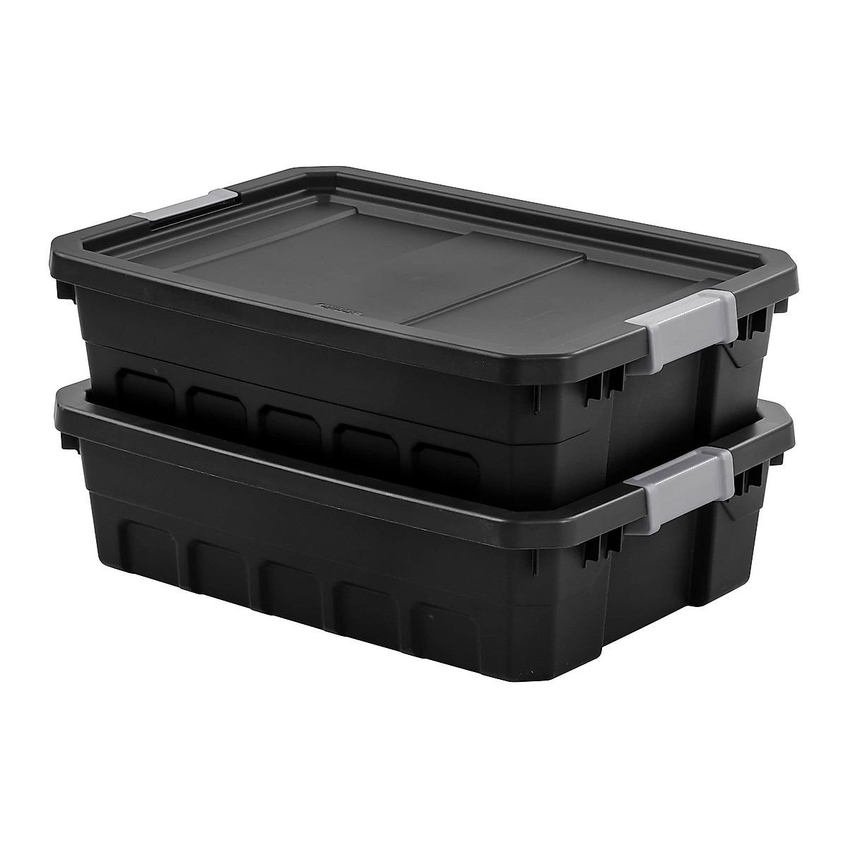 Sterilite 10 Gallon Plastic Stacker Tote, Heavy Duty Lidded Storage Bin Container for Stackable Garage and Basement Organization, Black, 12-Pack