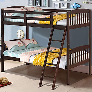 Costzon Twin Over Twin Bunk Beds, Convertible Into Two Individual Solid Rubberwood Beds, Children Twin Sleeping Bedroom Furniture w/Ladder and Safety Rail for Kids Boys & Girl (Espresso)