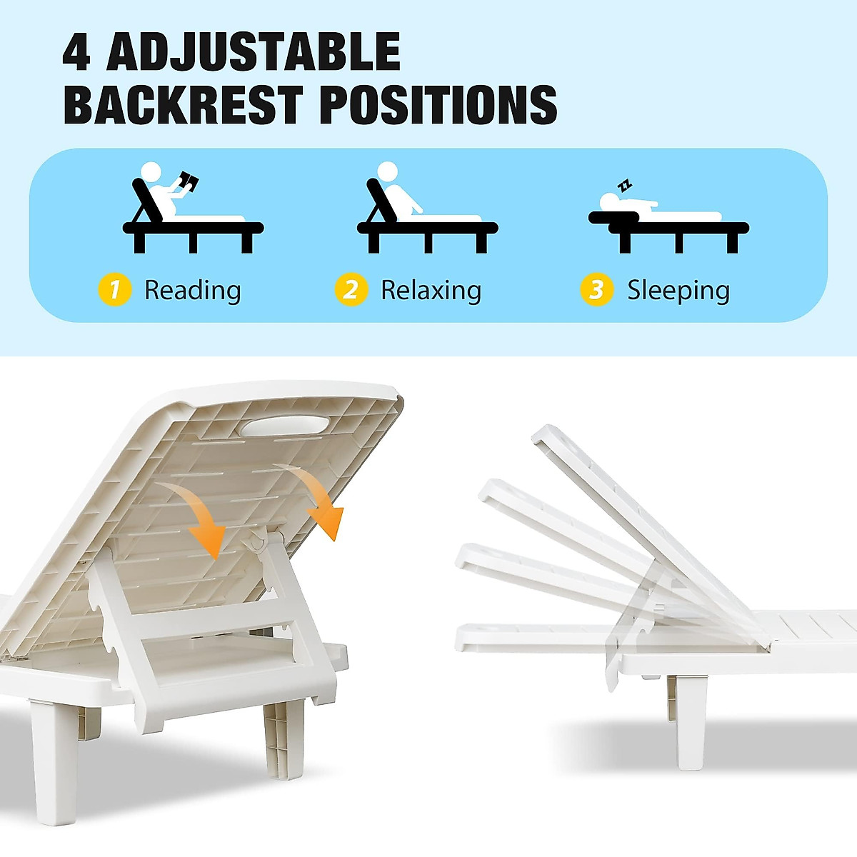 LUCKYERMORE Outdoor Chaise Lounge, Patio Lounge Chairs for Outside, 74" Pool Lounge Chairs wih 4 Level Adjustable Backrest, 350lbs Weight Capacity Plastic White Pool Furniture, Waterproof