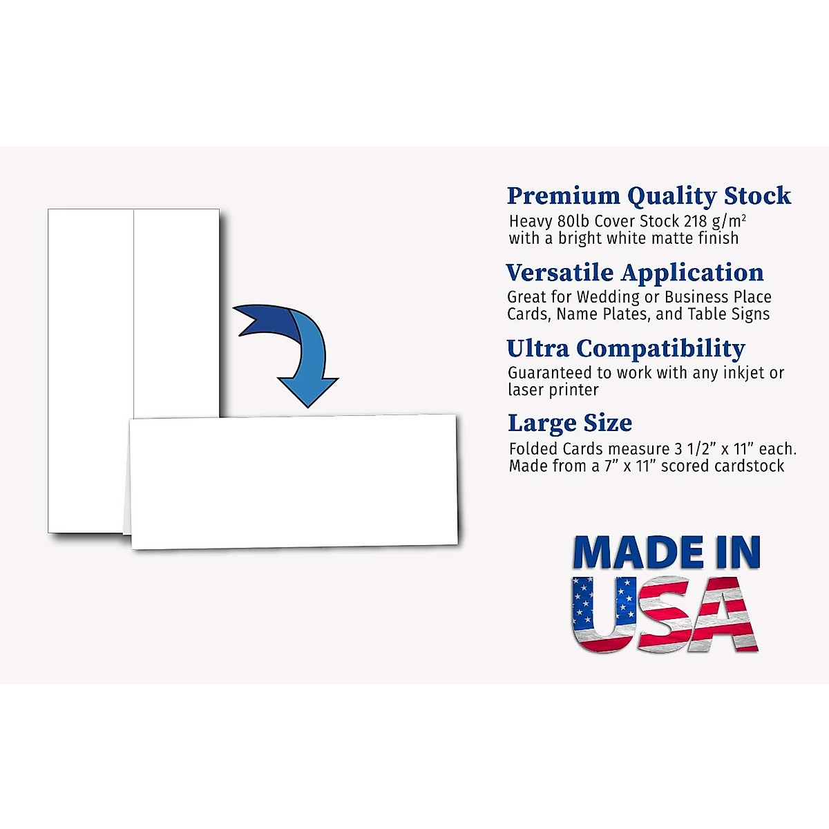 Printable Name Tent Cards - Large 3-1/2" x 11" - Blank Folding Paper for Place Cards/Table Cards - White 80lb Cover - 25 Pack