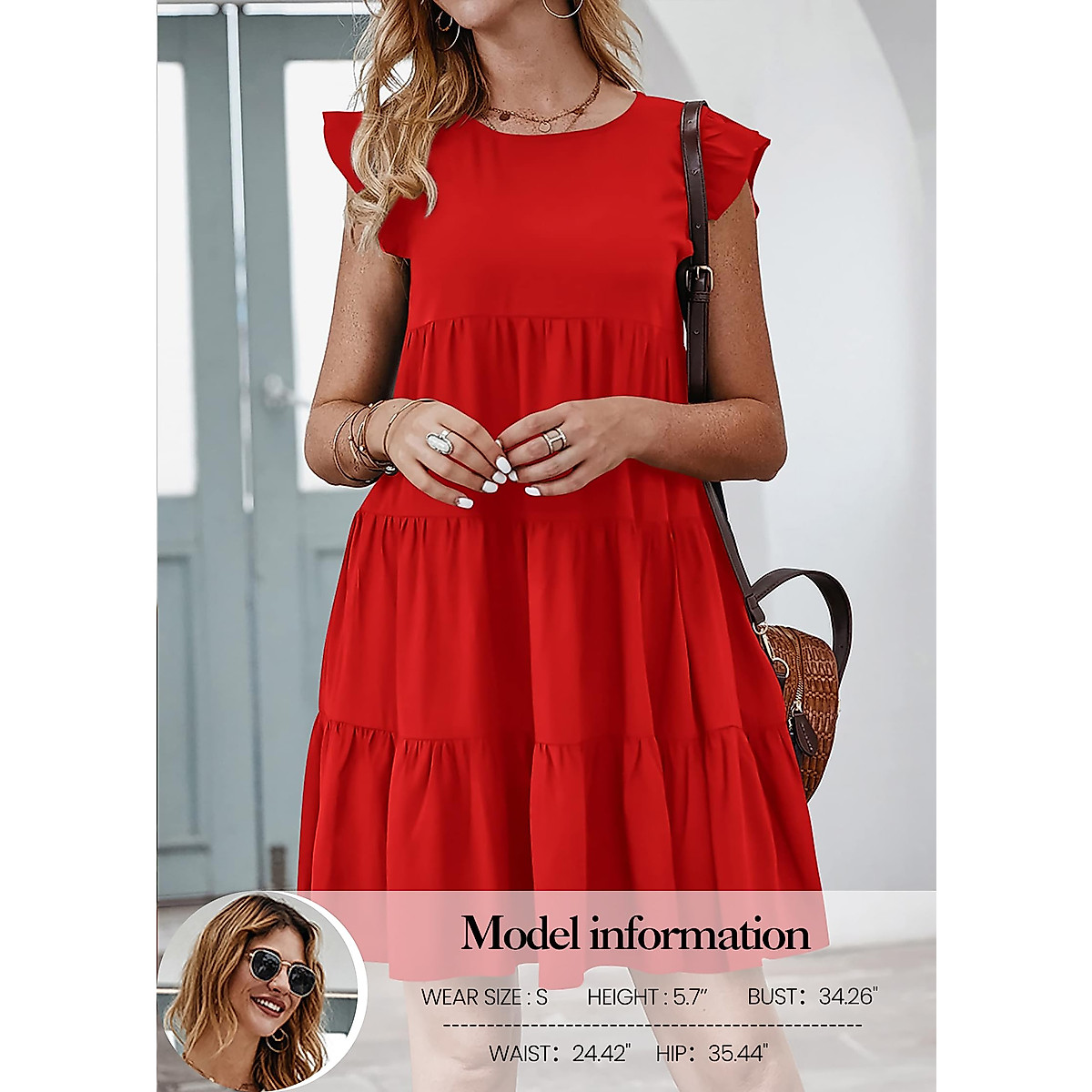 KIRUNDO Valentines Dress for Women Summer Sleeveless Ruffle Sleeve Round Neck Loose Short Flowy Pleated Mini Babydoll Sundresses, Red, Medium