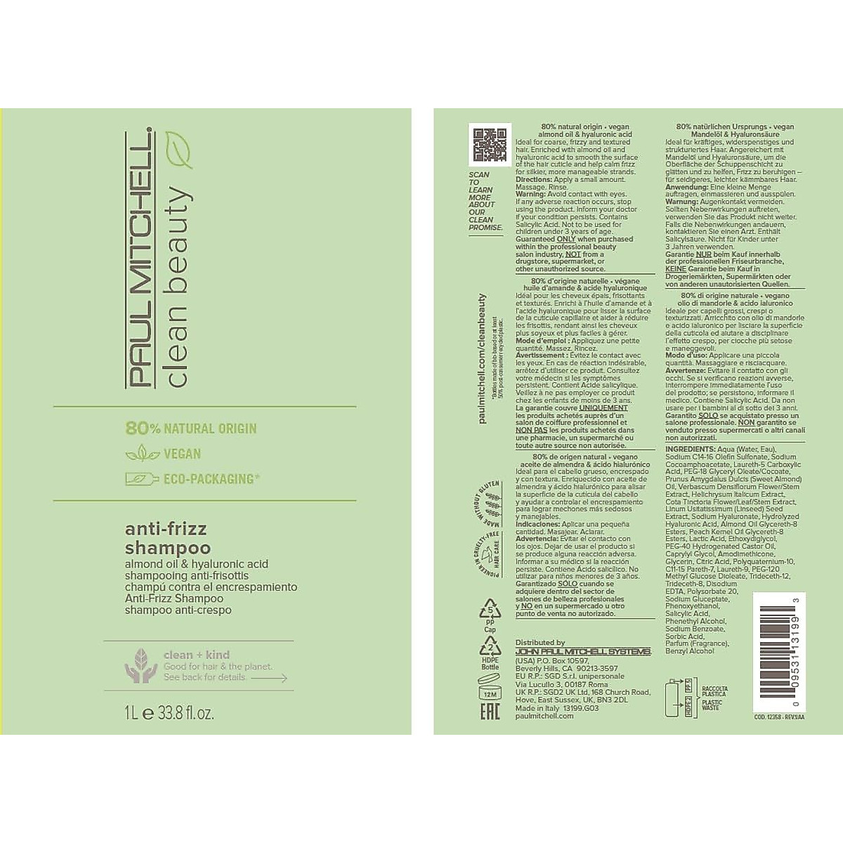 Paul Mitchell Clean Beauty Anti-Frizz Shampoo, Smoothes Hair, Calms Frizz, For Textured, Frizz-Prone Hair, 33.8 fl. oz.