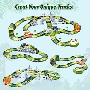 WESPREX Dinosaur Race Track Toy Set 288 PCS, Flexible Track Playset w/ 240 Tracks, 1 Dinosaur Car, 1 Race Car, 1 Drawbridge, 1 Tunnel, Create A Dino Track, Dinosaur Toy Gift for Kids Boys Girls Age 3+