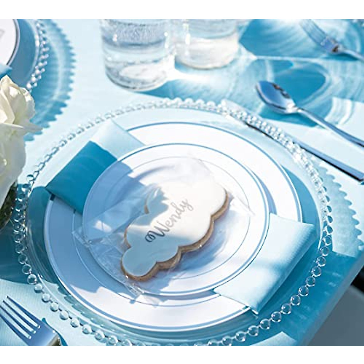 Lawei 6 Pack Clear Plastic Charger Plates with Bead Rim, 13 Inch Plastic Round Serving Plates Decor Dinner Plates for Party Wedding Events Dinner Decoration