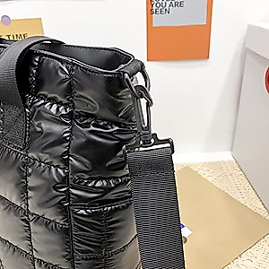 Large Quilted Tote Bag with Zip for Women Lightweight Winter Down Cotton Padded Plaid Shoulder Bags Quilted Bags Down Padding Handbags