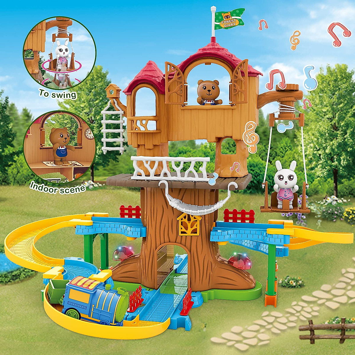 deAO Tree House Playset, Train Set Car Track Toys for Toddlers, DIY Forest Friends Pretend Playhouse with 2 Dolls Toy Figures,Train,Car Tracks,Swing,Sound & Light Function Toy House for 3+ Boys Girl