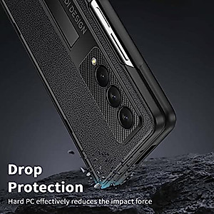 spoovcto for Samsung Galaxy Z-Fold-4 Case: Spring Hinge Protection & Kickstand Dual Layer Protective with Built-in Screen Protetctor Phone Case for Galaxy Z Fold 4 5G 2022 (Lychee Pattern-Black)