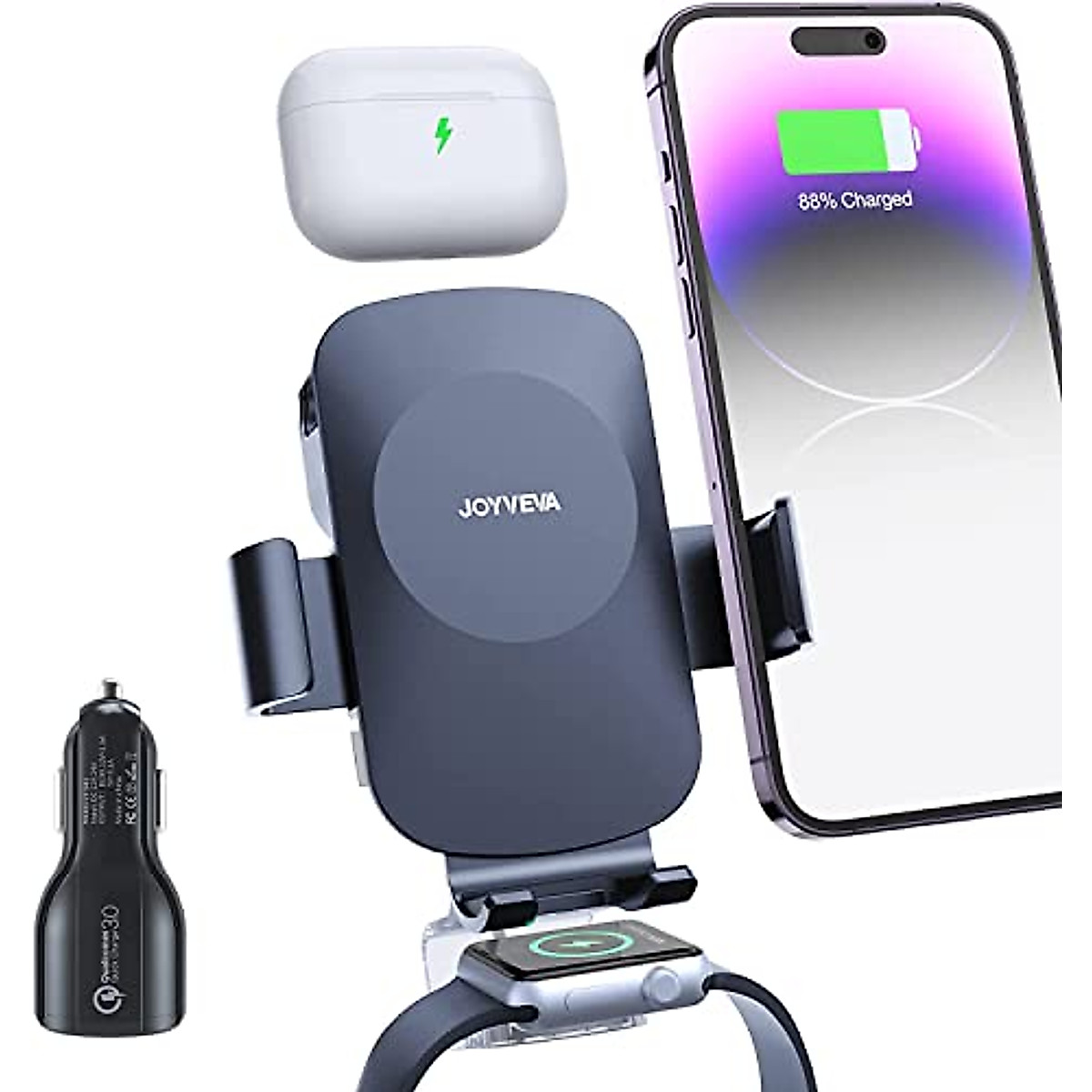 JOYVEVA 3 in 1 Wireless Car Charger for iPhone/Apple Watch/AirPods, Auto-Clamping Car Charging Mount, Car Phone Holder Charger for iPhone14/13/12/11/X/8, Apple Watch 8/7/6/5/4/3/2/SE, AirPods Pro 2/2
