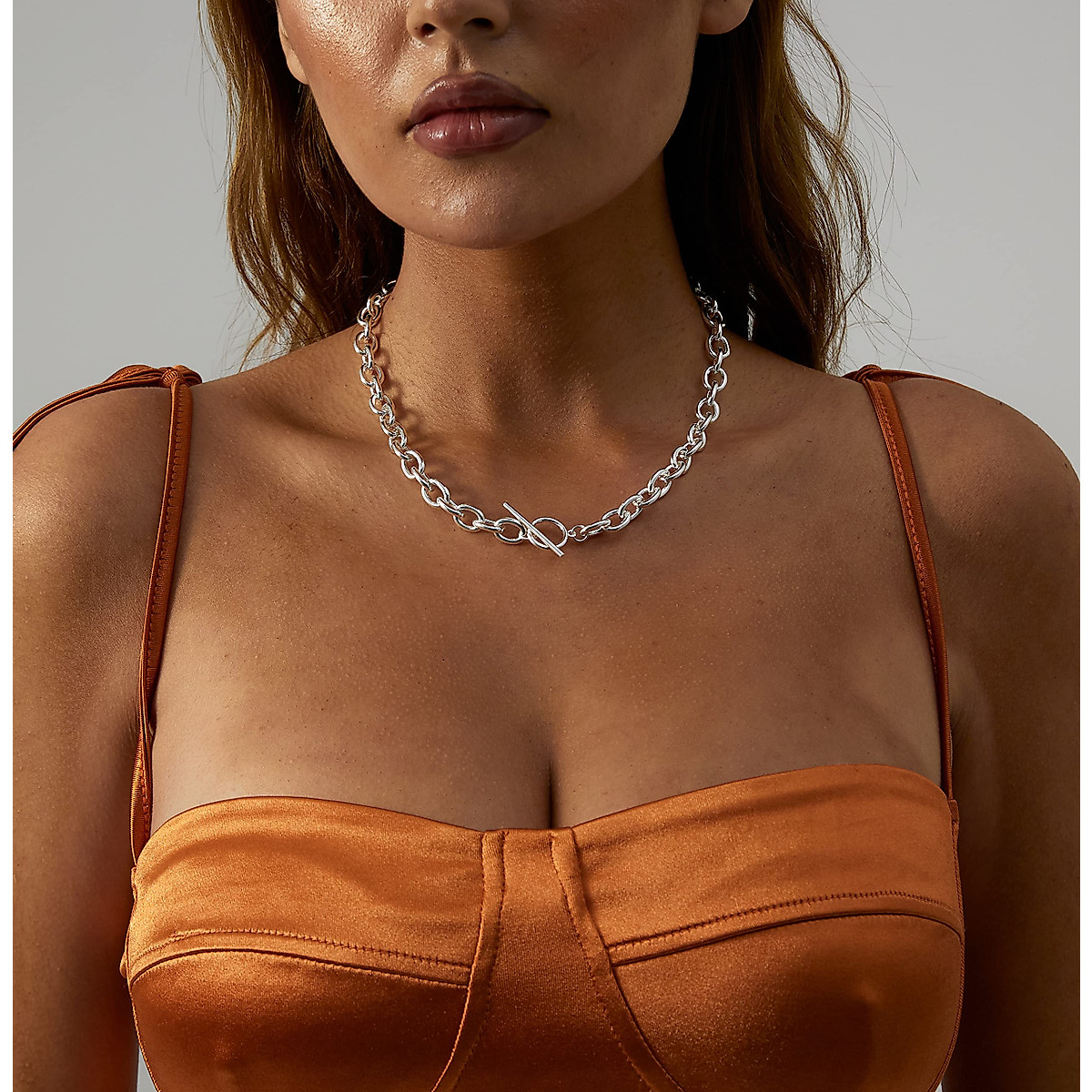 CAROVO Dainty Chunky Silver Toggle Necklace for Women Silver Filled Thick Toggle Clasp Necklace Link Chain Toggle Necklaces Minimalist Everyday Jewelry for Women