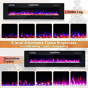 COSTWAY 68 Inches Ultra-Thin Electric Fireplace, 5100 BTU Recessed and Wall Mounted Fireplace Insert with Remote Control, Log and Decorative Crystals, Adjustable Flame Effect, ETL Certification