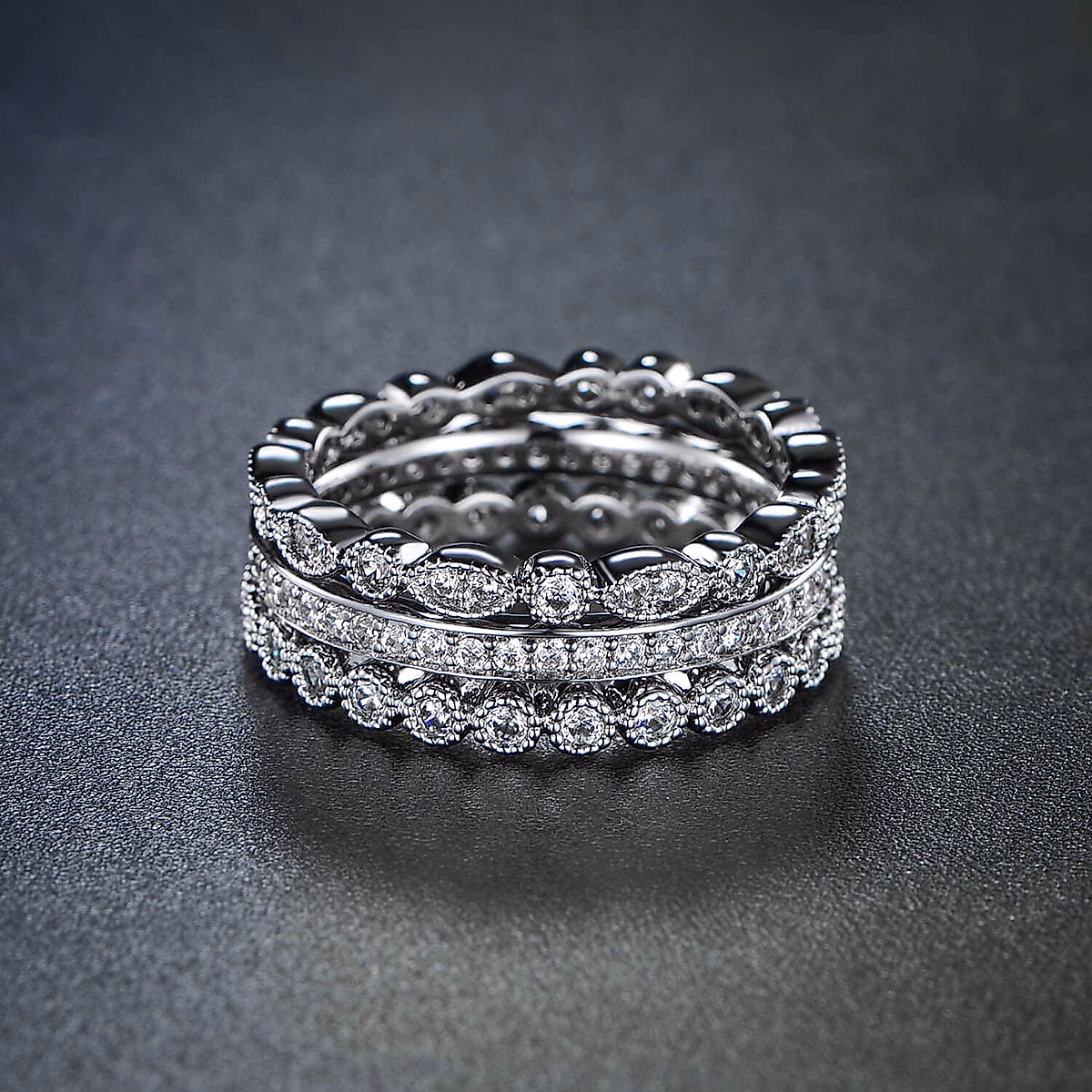 OPOMOMO 3 Pcs 2mm Women Stackable Eternity Ring Wedding Bands,18K White Gold Plated Cubic Zirconia Promise Rings Set (8)