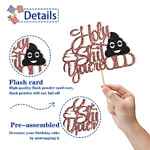 RoadSea Holy Shit You're Old Cake Topper - Women Men Birthday Cake Supplies - 30th 40th 50th 60th 70th 80th 90th 100th 101st Birthday Party Decoration - Rose Gold Glitter