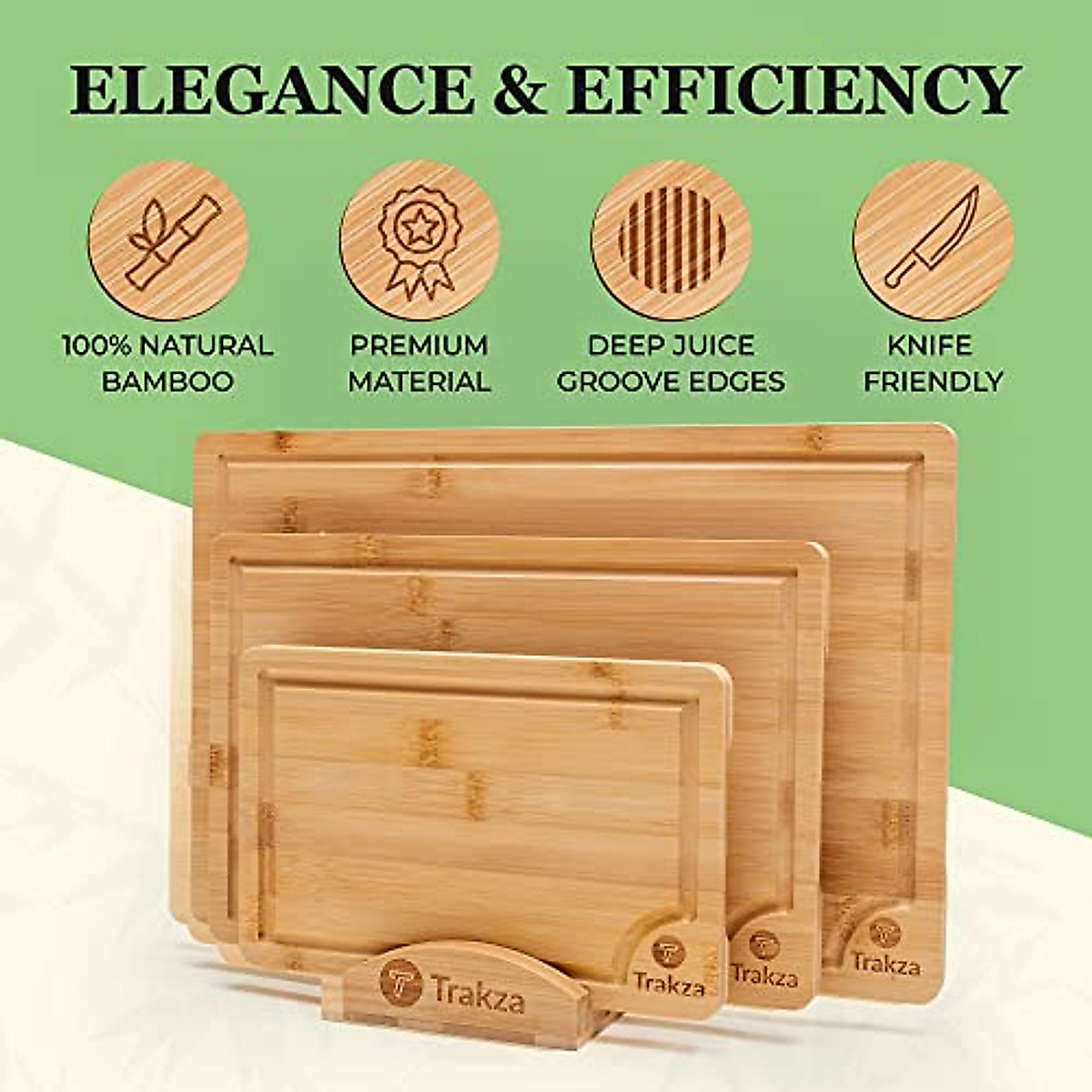 TRAKZA Bamboo Cutting Board Set - Durable Kitchen Cutting Boards For Chopping Fruit, Meat, Cheese, Veggies - Deep Juice Grooves, Side Handles, Easy To Use & Clean - With Storage Holder - 9", 12", 15"