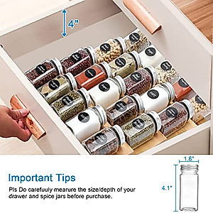 Bamboo Spice Drawer Organizer, 4 Tier Spices Rack for Cabinet Drawer Expandable From 13" to 26" Seasoning Storage Organizer Insert